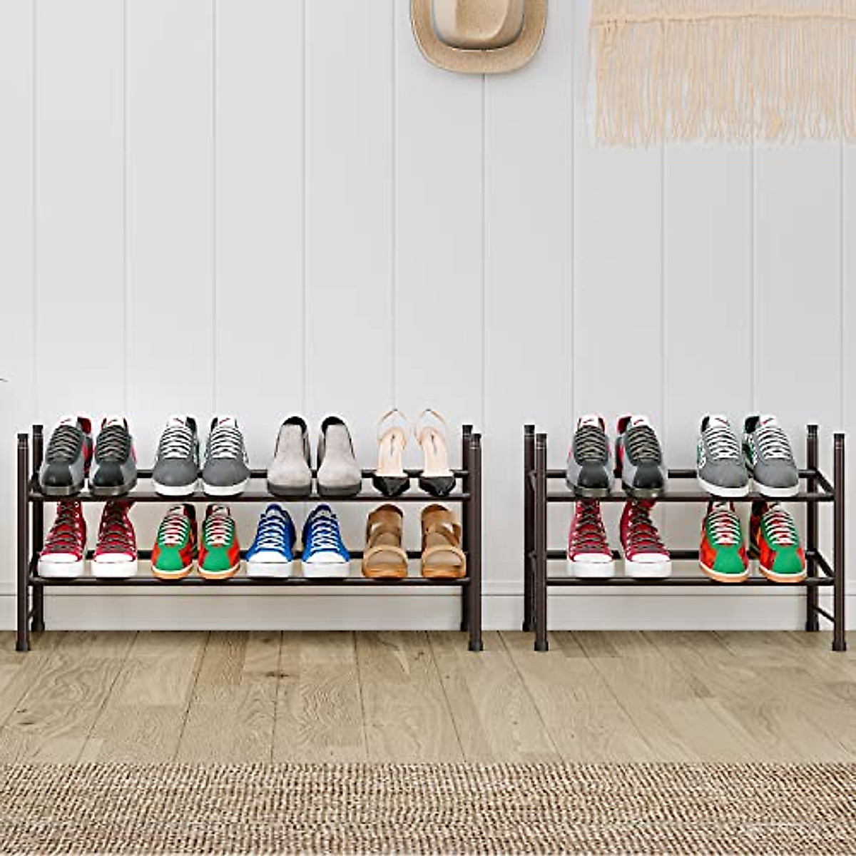 YIZAIJIA Shoe Rack Organizer 2 Tier Metal Expandable Storage Adjustable Shoe Shelf Free Standing Shoe Rack for Entryway Closet Doorway,Bronze