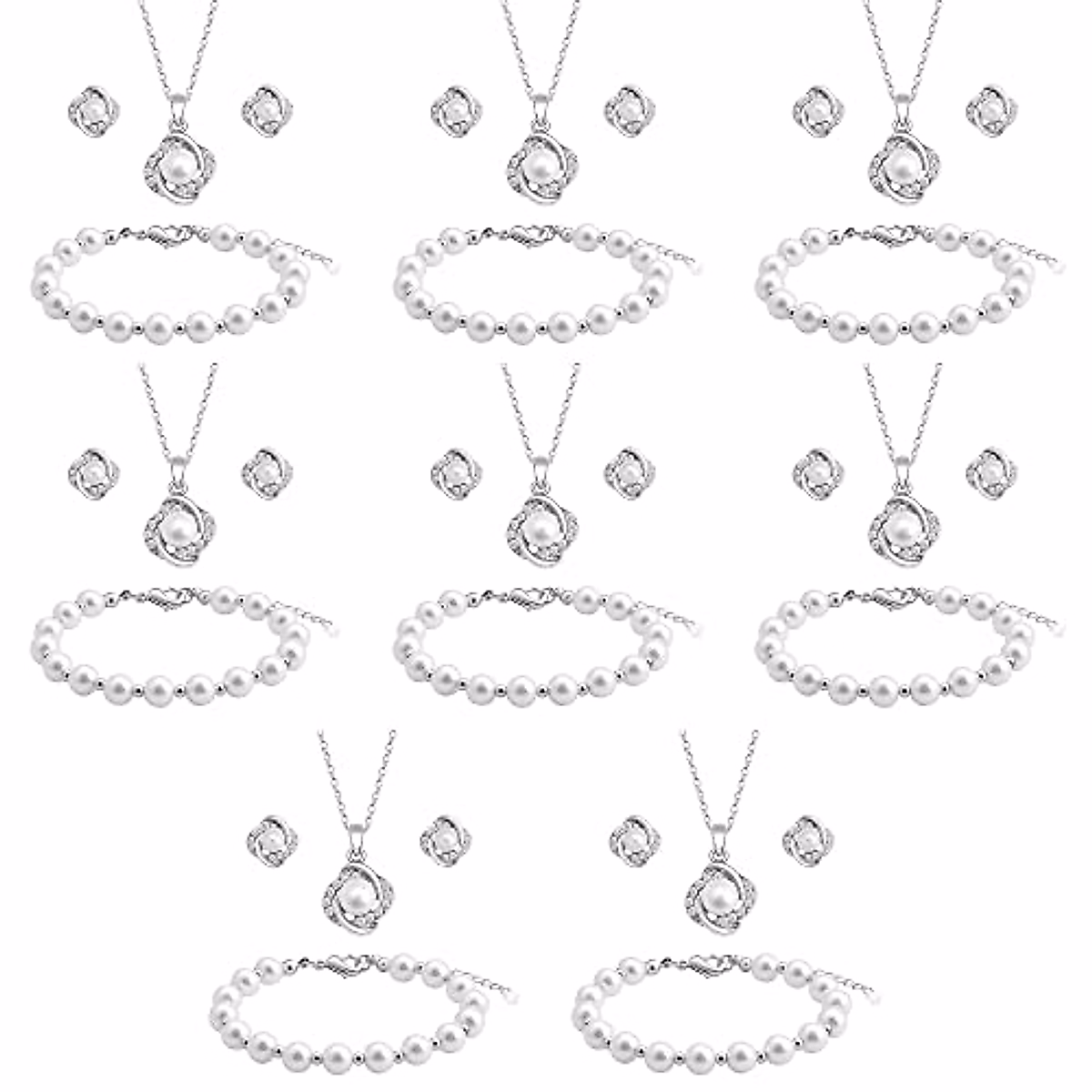 Bridesmaid Jewelry Set for Women Girls,8 Sets Silver Plated Love Knot Pendant with Pearl Necklace Earrings Bracelet Set,Bridesmaid Gift for Wedding/Proposal/Party/Anniversary