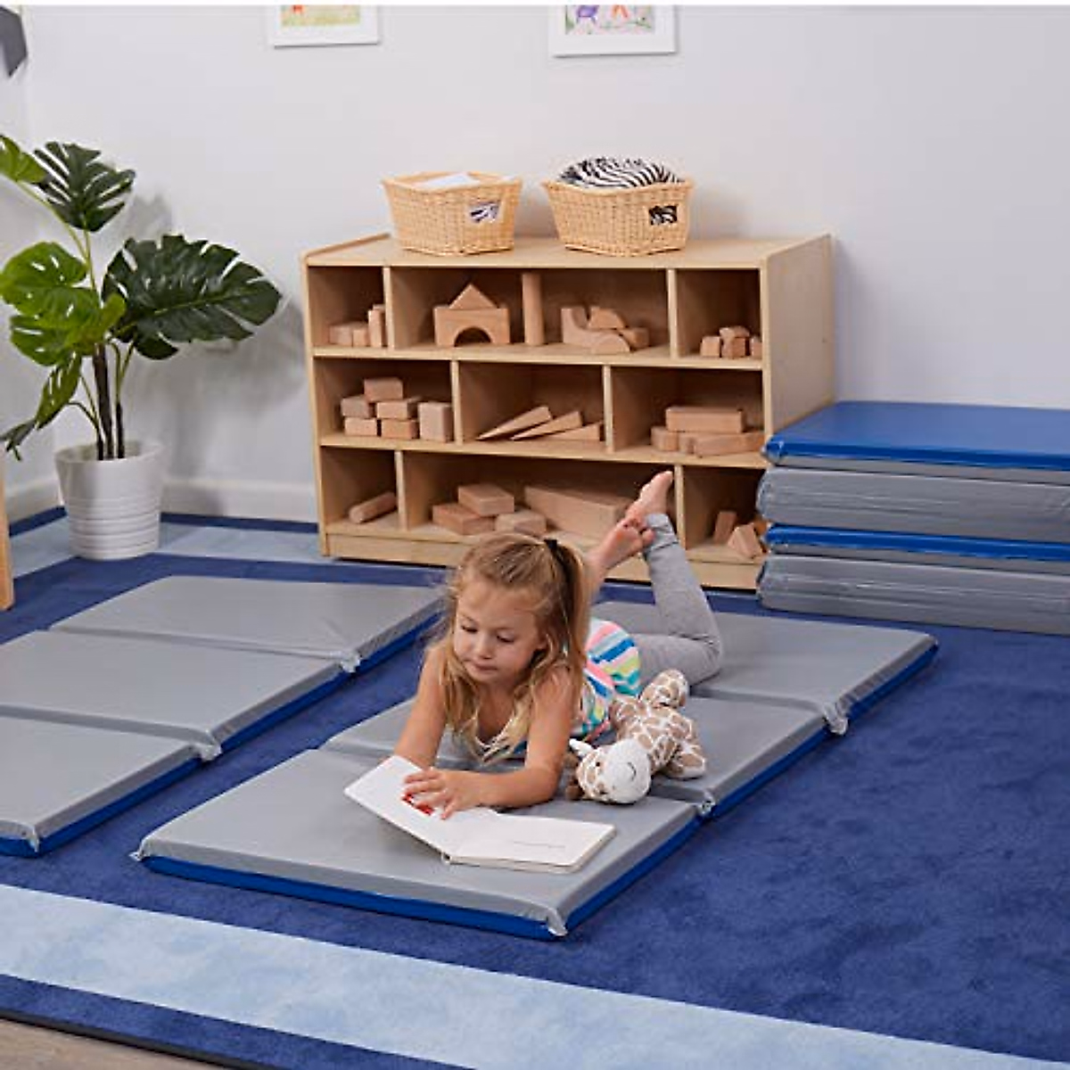 ECR4Kids Premium Folding Rest Mat, 3-Section, 1in, Sleeping Pad, Blue/Grey, 5-Pack