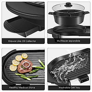 SEAAN Electric Removable Shabu-shabu Pot Grill Detachable Barbecue Grill with Large Capacity Baking Tray Non-Stick BBQ Pan Adjustable Temperature Double Flavor Hot Pot 110V