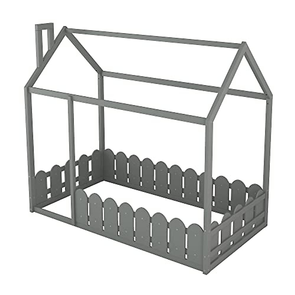BIADNBZ Twin Size House-Shaped Bed Frame with Fence and Roof, Wooden Floor Platform Bedframe for Kids Girls Boys Bedroom, Gray