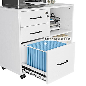 3 Drawer Office File Cabinets, Mobile Lateral Printer Stand with Open Storage Shelf, Rolling Filing Cabinet with Wheels Home Office Organization and Storage (White)
