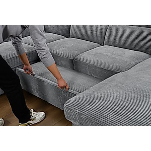 THSUPER Corduroy 123" Oversized U Shape Sectional Sleeper Sofa with Pull Out Bed, 7-Seats Sleeper Sectional Sofa with Storage Chaise and Adjustable Headrest for Living Room - Dark Grey
