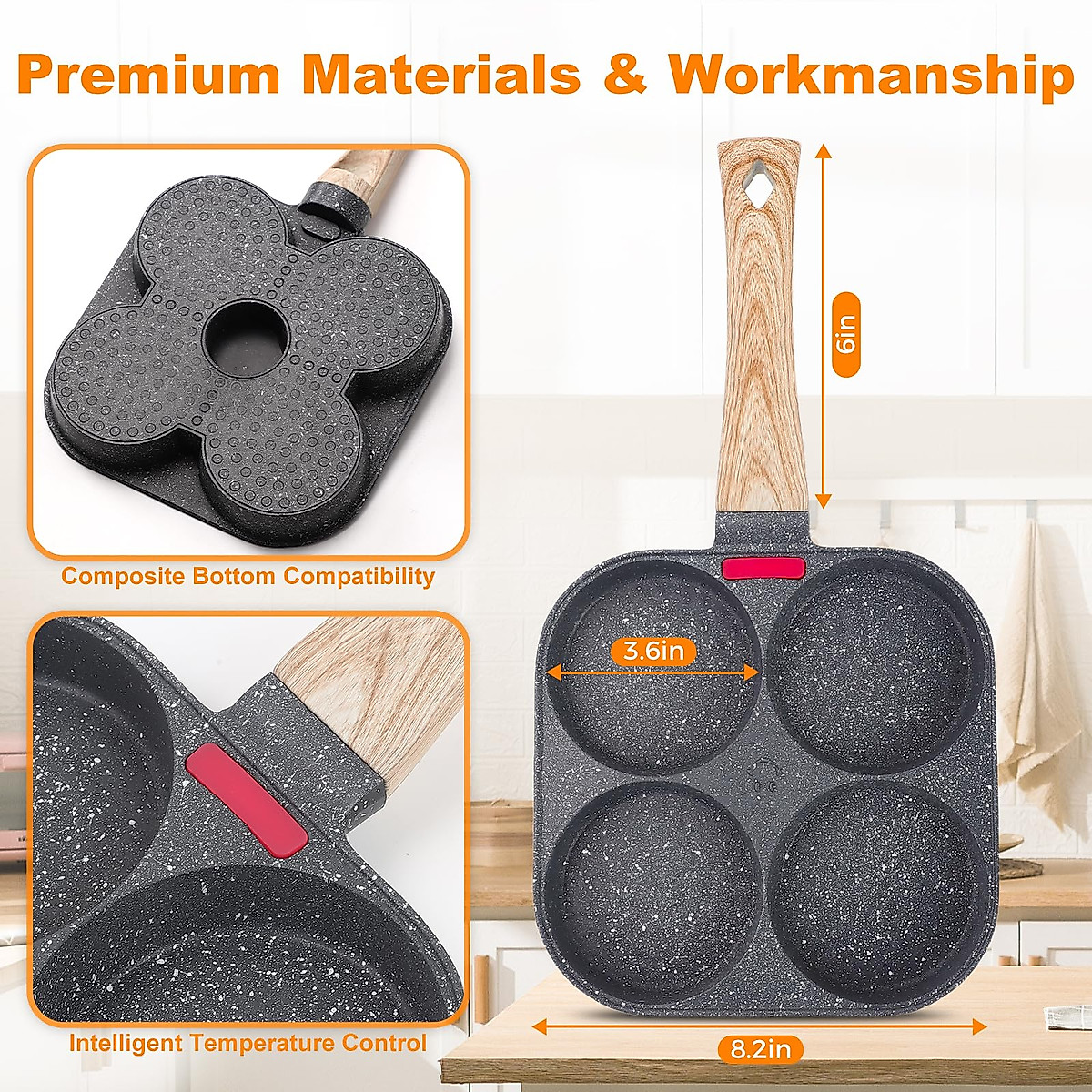 AHFLRITO Egg Pan, 4 Cup Egg Pans Nonstick, Healthy Breakfast Pancake Pan, Aluminum Omelette Pan, Easy Clean Small Egg Frying Pan, Fried Egg Cooker Suitable for Gas Stove & Induction Cookware