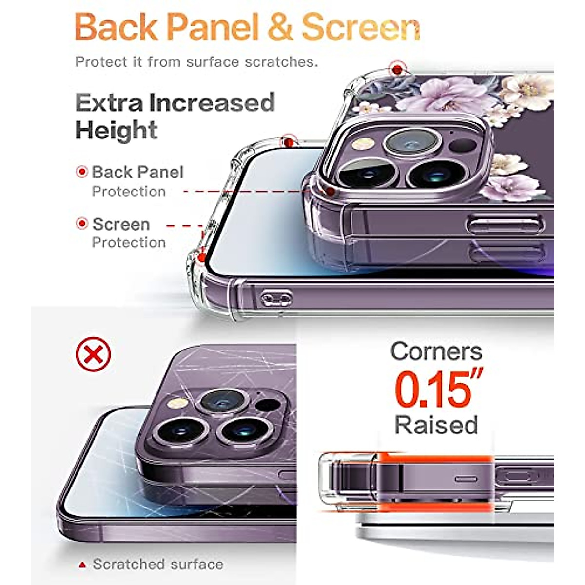 ROSEPARROT Designed for iPhone 14 pro max Case with Tempered Glass Screen Protector + Camera Lens Protector, Clear with Floral Pattern Design, Shockproof Protective Cover （Anemone Blooms）