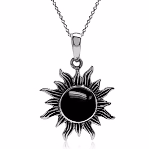 Silvershake Created Onyx 925 Sterling Silver Sun Ray Inspired Pendant with 18 Inch Chain Necklace