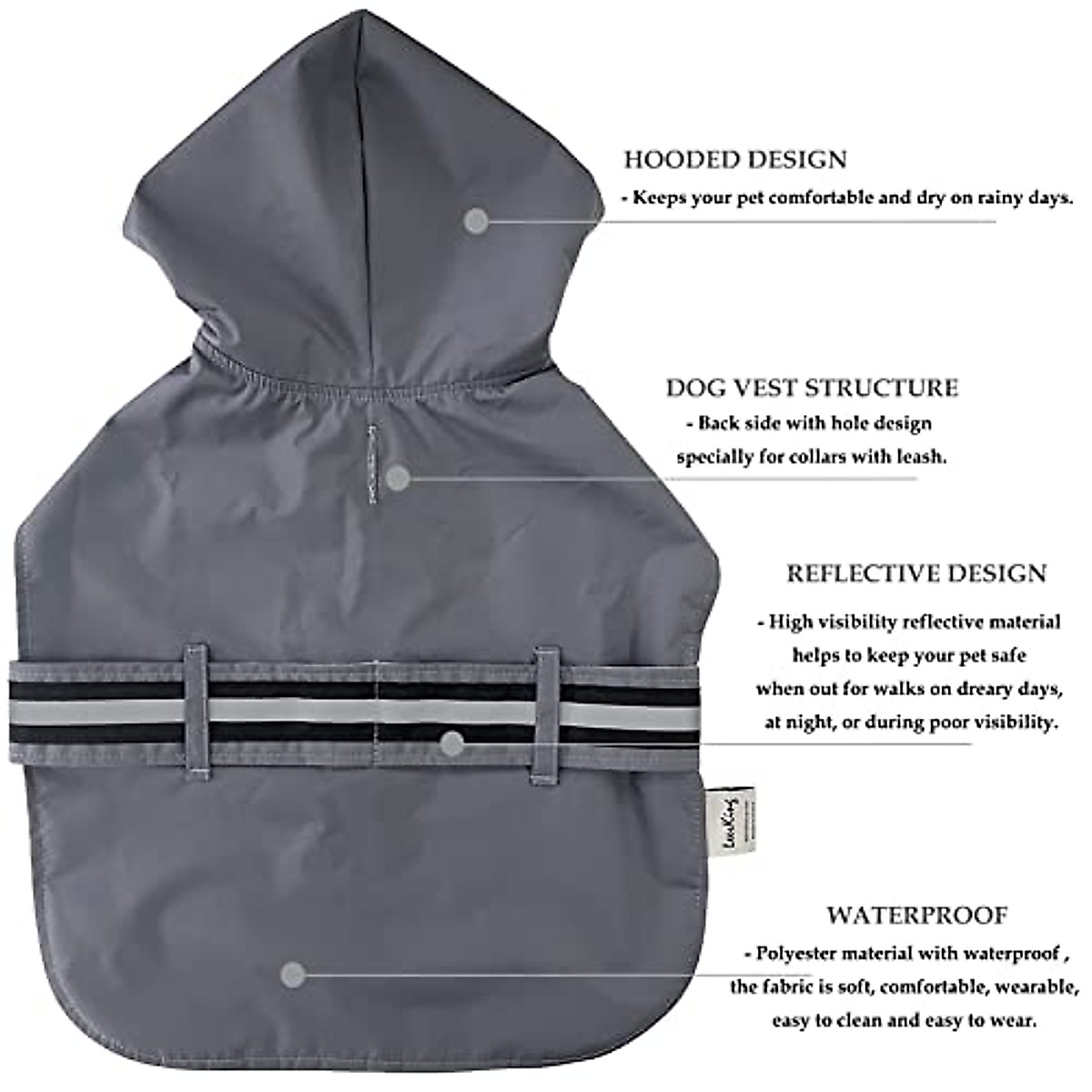 LeerKing Dog Raincoat Hooded Leash Hole 10 Sizes, Waterproof Double Layer Dog rain Coat Jacket with Cotton Lining for Small Medium and Large Dog,Grey,L