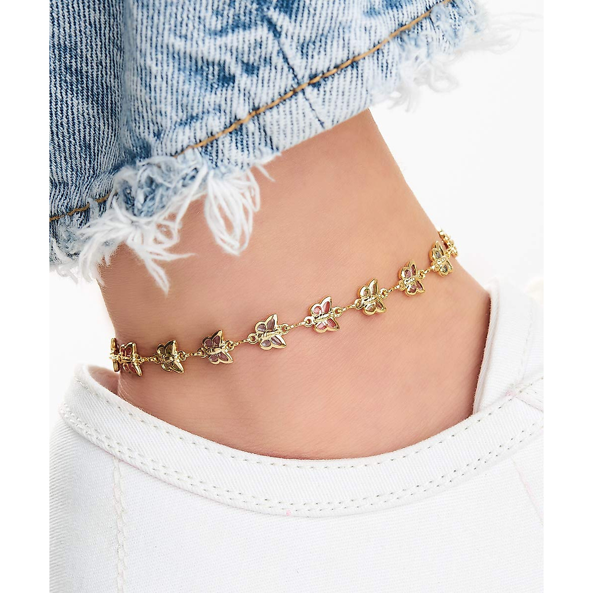 Barzel 18K Gold Plated Multi Color Butterfly Anklet For Women - Made In Brazil (ANK1187)