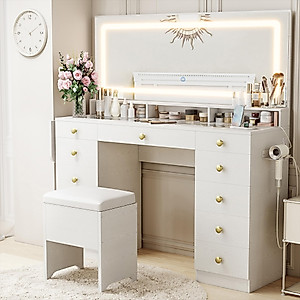 IRONCK Vanity Desk with Mirror and LED Lights, Makeup Vanity with 11 Drawers and Power Outlet, 45" Glass Top Vanity Table with Storage Stool, Adjustable Brightness, Vanity Set for Bedroom, White