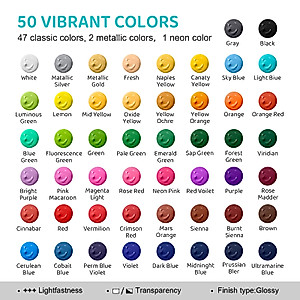 UPGREY 50 Colors Acrylic Paint Set, Non Toxic Art Paints (2fl Oz/60ml Each) With 5 Craft Paint Brushes, Metallic Acrylic Paints Kids Adults for Canvas Crafts Stone Wood Ceramic And Model Painting