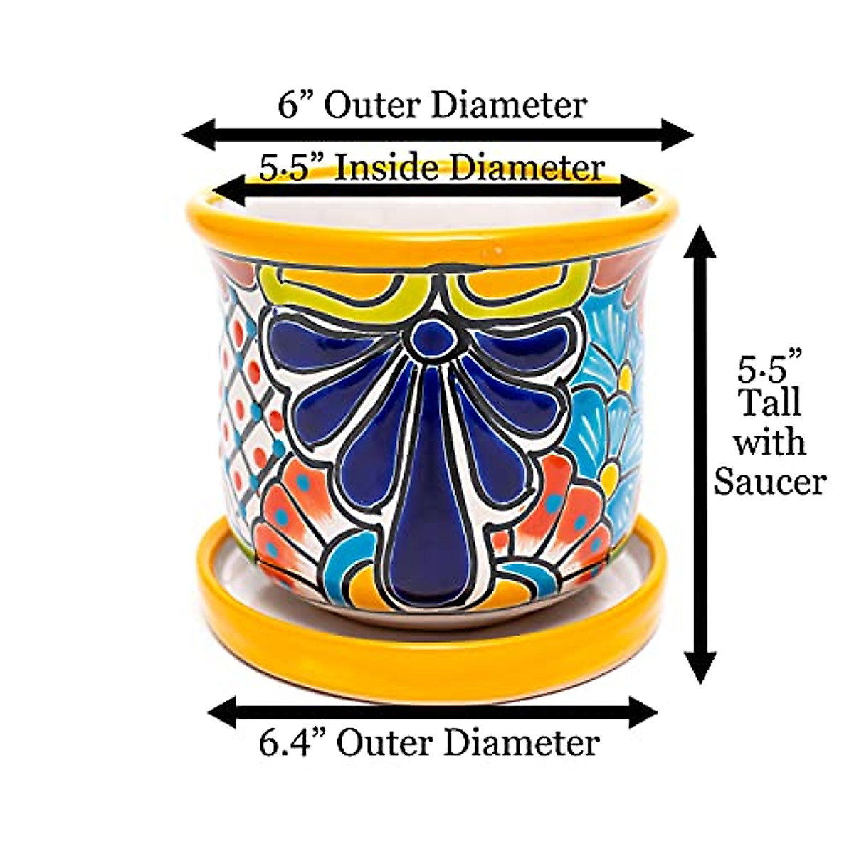 Enchanted Talavera Small Ceramic Flower Pot & Saucer Succulent Planter House Plant Cactus Bonsai Decorative Pot Plant Container 2-Piece Set (Marigold)
