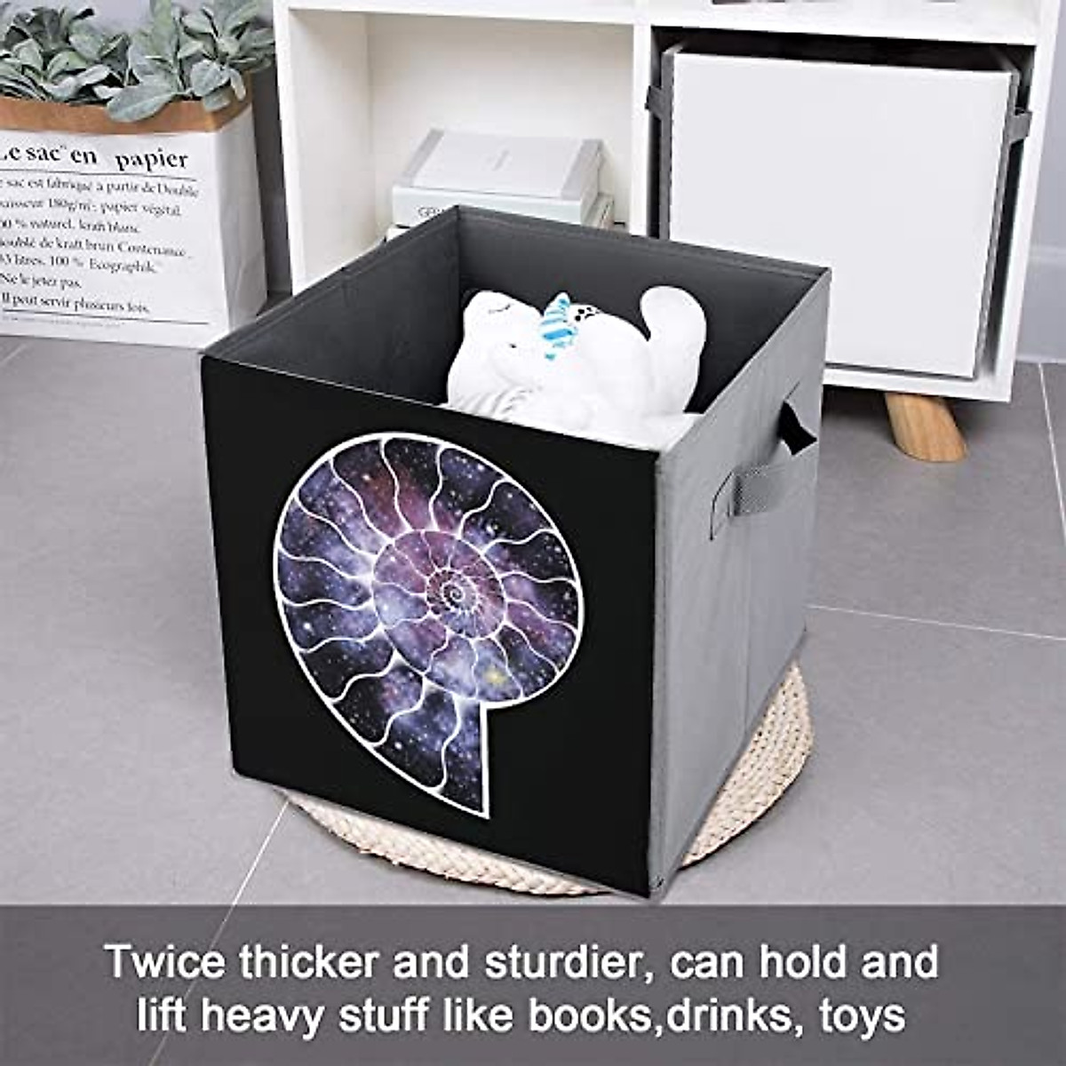 Ammonite Space PU Leather Collapsible Storage Bins Canvas Cube Organizer Basket with Handles
