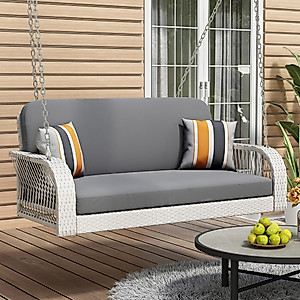 XD Designs Modern PE Wicker Porch Swing, 2-Seater Hanging Bench, 2 Person Front Hanging Porch Swing Bench with Chains, Cushion, Pillow for Backyard Garden Poolside, Max 500 Lb (White-FM)