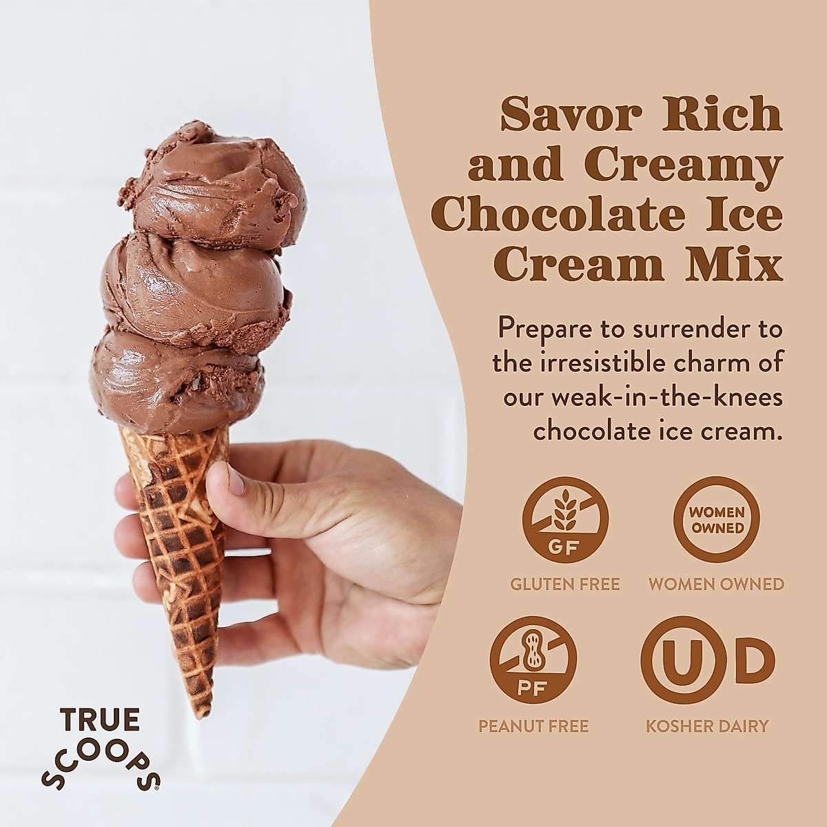 True Scoops Beginner's Pack - Chocolate Ice Cream Mix & Salted Butterscotch Sauce Mix. Add One Ingredient - Half & Half! Makes 1 Pint of Ice Cream And 1 Cup of Sauce. Women-Owned, Gluten-Free, Peanut-Free, and Kosher.