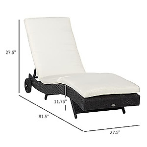 Outsunny Reclining Chaise Lounge Chair, Thickly Cushioned, Rolling Outdoor Plastic Rattan Sun Bathing Chair with Wheels for Poolside, Pool, Patio, Off-White