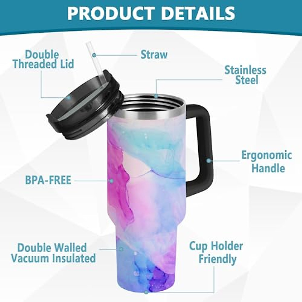 Yasala Car Tumbler with Handle Fantasy Marble Art Pinks Purples Travel Mug Coffee Cup Insulated Beverage Container Mega Cup for Hot Cold Drinking Thermos Water Bottle Cupholder Friendly 40 oz