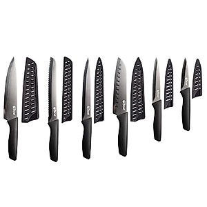 Black Kitchen Knife Set of 6, Stainless Steel Knife Set with Blade Protective Knife Sheath, Cutting Knife with Frosted Non-Slip Handle, Chopping Knife, Bread Knife, Gift Box