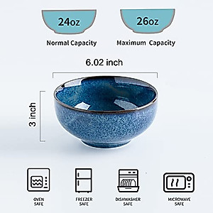 YELLOYA Ceramic Cereal Bowls, 26 oz Soup Bowl Set of 4, 6 inch Porcelain Serving Bowls for Kitchen Dessert Snack Rice, Ceylon Blue