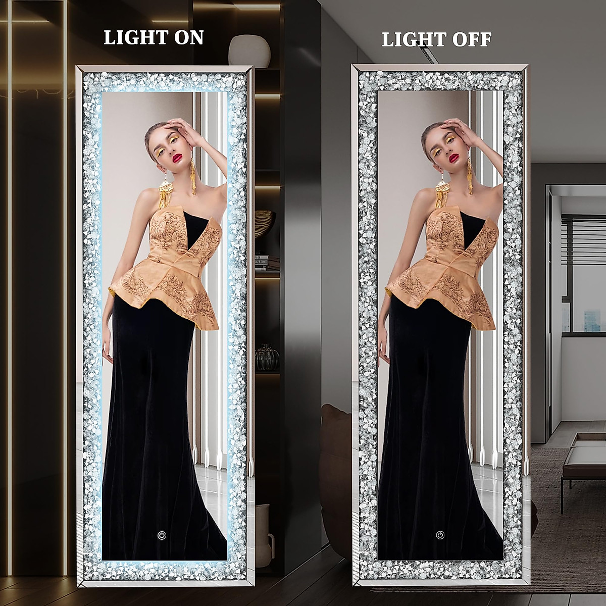 Hasipu Full-Length Mirror 63”×20” with Lights and Crystal Crush Diamond, Wall Mounted Hanging Diamond Mirror Leaning for Living Room Bedroom