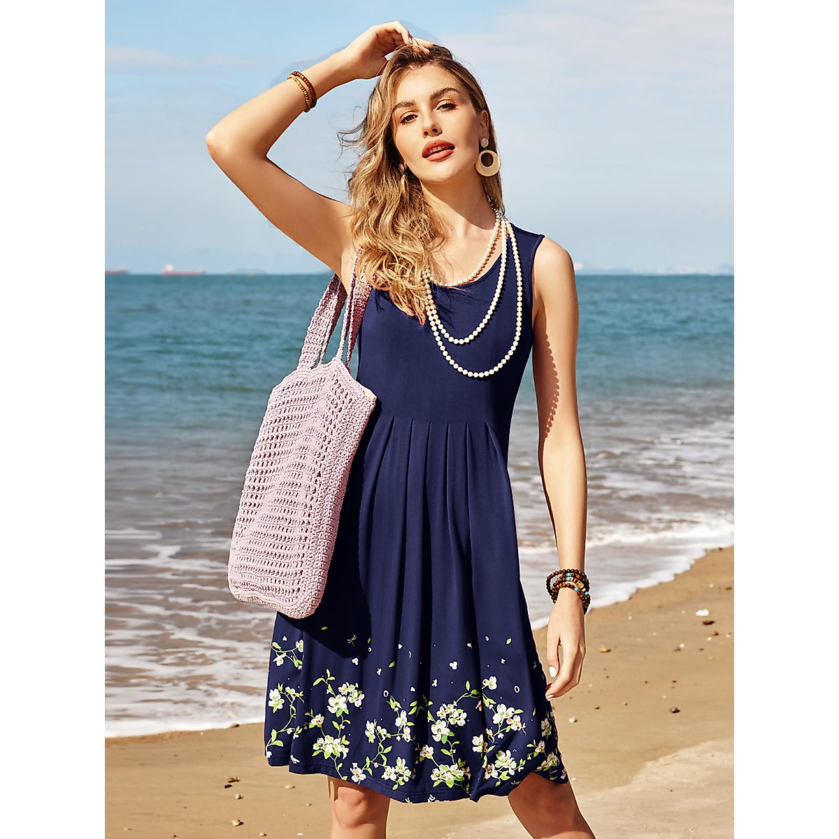 KILIG Womens Summer Dresses 2025 Casual Pleated Floral A-line Tank Sundress Beach Vacation Cruise Outfits(Navy,XL)