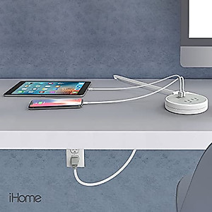 iHome Retractable Charger: Fast Charge Travel Power Strip with 3 USB Ports, 2 AC Outlets and 4 ft Manually Retractable Compact Extension Cord, White