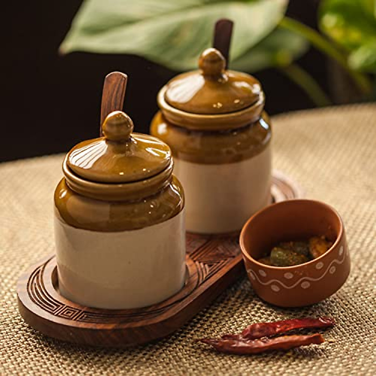 ExclusiveLane 'Old Fashioned' Ceramic Pickle Jar Set with Hand Carved Wooden Tray for Dining Table, Kitchen | Pickle Jars with Lids Indian Style, Achaar Storage, Set of 2 (230 ML)