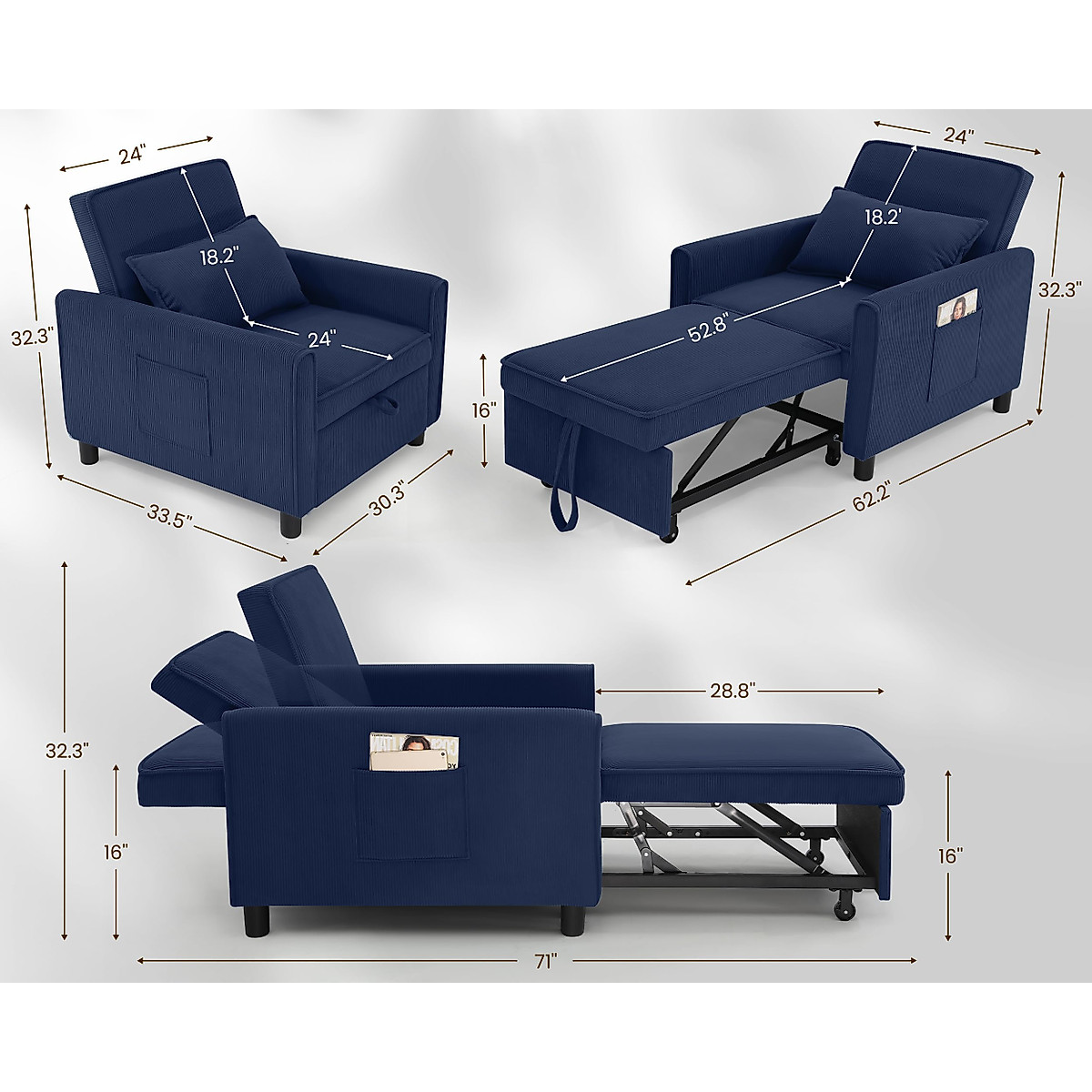 SEJOV Sleeper Chair, 4-in-1 Convertible Sleeper Sofa Bed with Adjustable Backrest, Corduroy Pull Out Chair Bed Single Recliner for Living Room, Bedroom, Apartment, Office, Small Space, Navy Blue