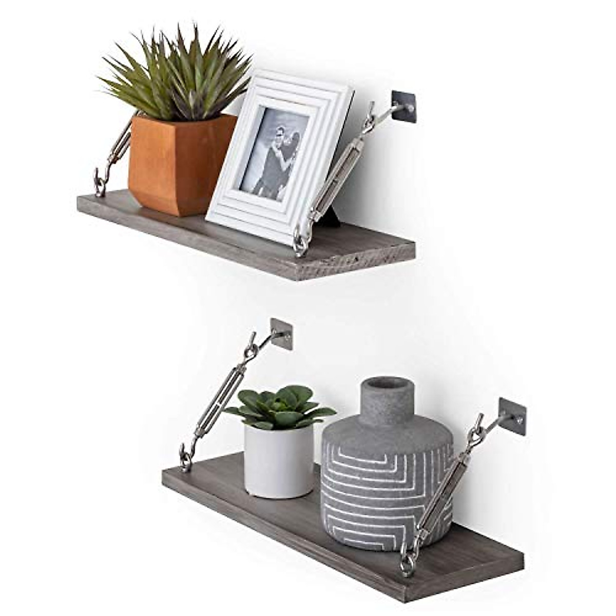 Under.Stated Floating Shelves Wall Mounted Wood Hanging Shelf Set for Bathroom Kitchen Living Room Bedroom Storage (Rustic Grey with Industrial Hardware Set of 2)