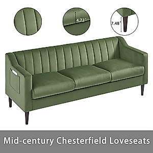 RIDFY Modern Velvet Chesterfield Sofa Couch, Large 3 Seats Love Seats Sofa Furniture, 76" Comfortable Upholstered Cofa with Wooden Frame and Wood Legs for Living Room/Bedroom/Office (Green)