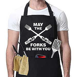 XBPDMWIN Funny Grill Aprons for Men - May The Forks Be With You - Men Aprons for Cooking Funny - Men’s Funny Chef Cooking Grilling BBQ Aprons - Star Fathers Day Gifts for Dad, Husband, Movie Fans