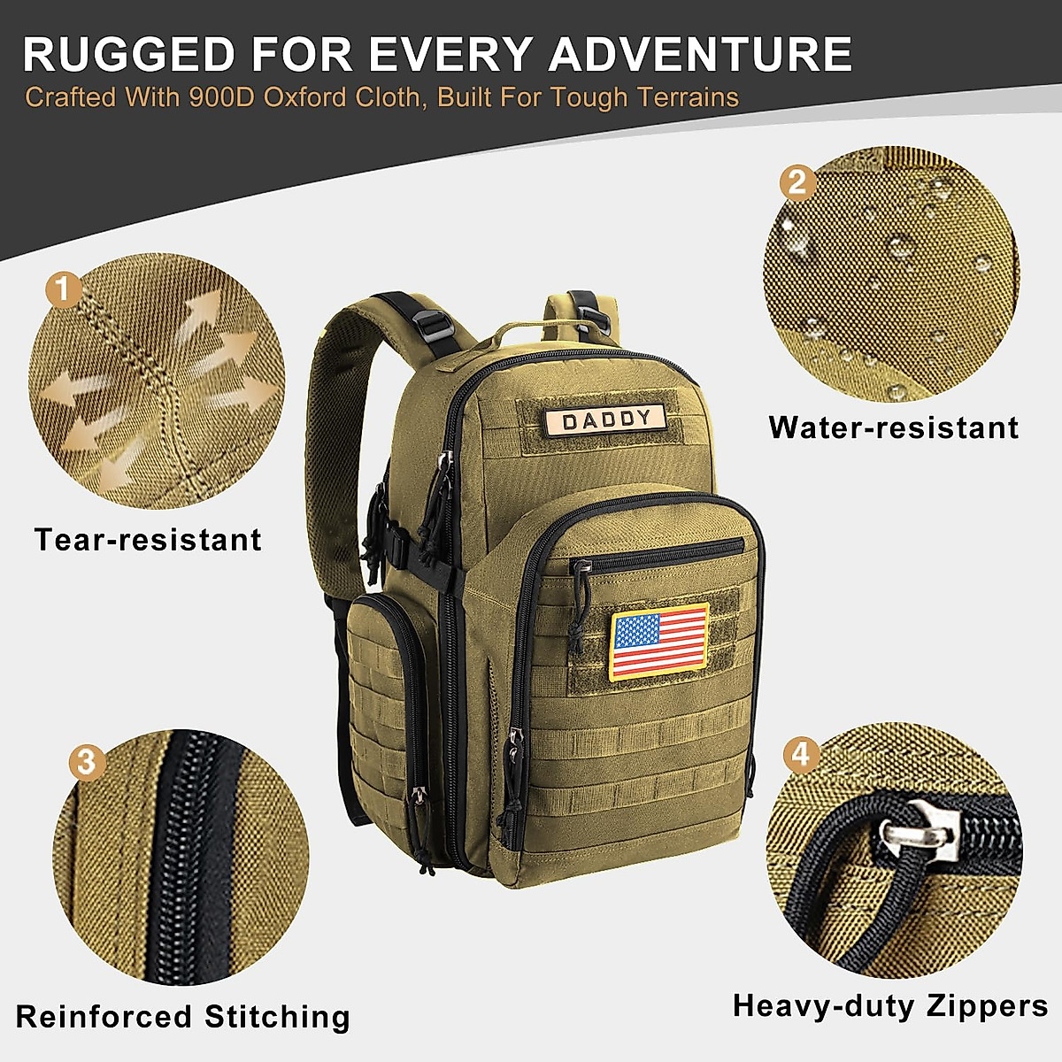 MIRACOL Military Diaper Bag for Dad - Large Diaper Backpack with 12+ Compartments - Insulated Bottle Pockets Quick-Access Wipe Dispenser for Travel Hiking Camping Tan