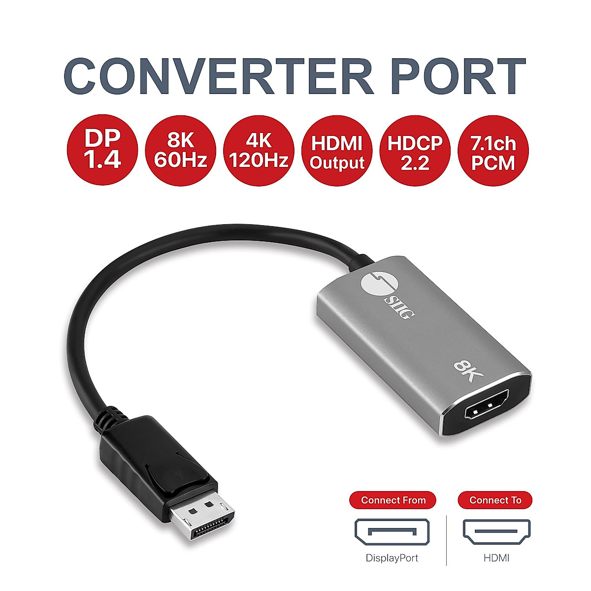 SIIG Active DisplayPort to HDMI Adapter 8K, DP 1.4 Video Input to HDMI Output, Unidirectional, Supports 8K 60Hz and 4K 120Hz with HDR and DSC, DP to HDMI Monitor Cable Adapter (CB-DP2611-S1)