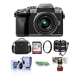 Panasonic Lumix DMC-G7 Mirrorless Camera with 14-42mm Lens Silver - Bundle with Camera Case, 32GB SDHC Card, Cleaning Kit, Memory Wallet, Card Reader, 46mm UV Filter, Mac Software Package