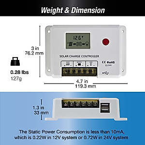 ExpertPower 10A 12/24V Intelligent PWM Solar Charge Controller with Adjustable Parameter LCD Display, Dual USB Ports, for AGM, Gel, LiFePO4