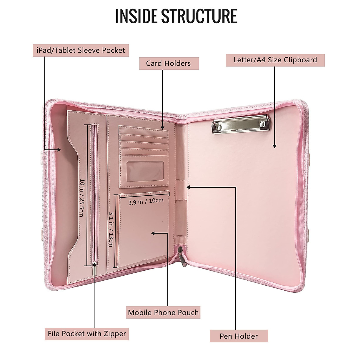 GraduatePro Portfolio Binder Leather Zippered Padfolio Folder Business Case Organizer Bag for Pad Notebook Resume with Clipboard for Women Graduation Gift, Pink