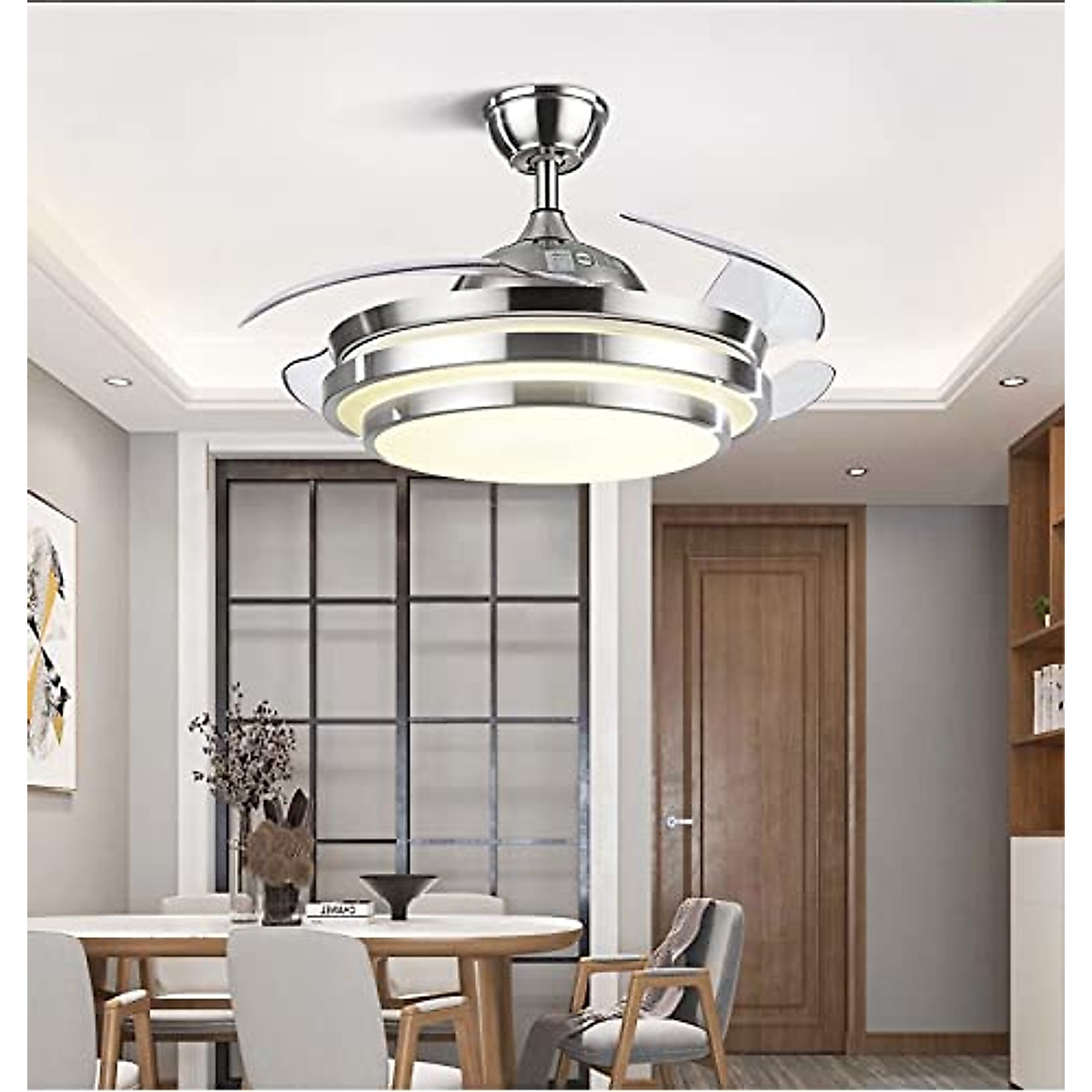 Fandian 42" Modern Ceiling Light with Fans Remote Control, 4 Retractable Blades with 3 Light Color Change Ceiling Fan for Living Bedroom Restaurant, Silver Color with Silent Motor (42In-1)