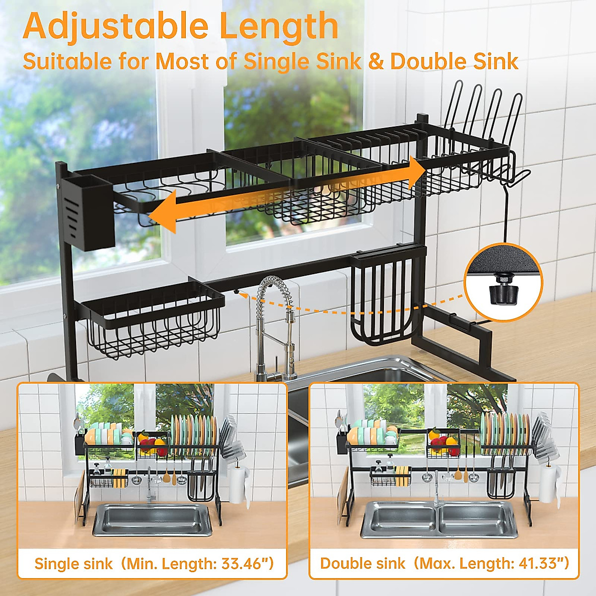 Beacron Over The Sink Dish Drying Rack, Width Adjustable(33.46''-41.33'') 2 Tier Stainless Steel Dish Drying Rack, Large Capacity Dish Rack for Counter Kitchen Storage Organizer and Space Saver