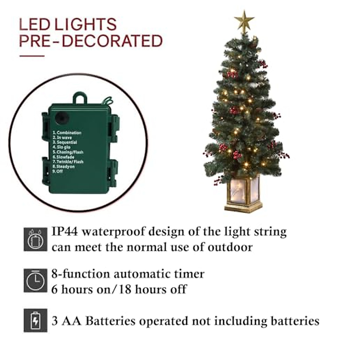 Premium 4ft Pre Lit Artificial Pencil Christmas Tree with Brown Hollow Base, Mini Pre-lit Xmas Pine Tree with 7 Modes LED Lights for Christmas Decoration, Home, Office, Party Decoration (1)