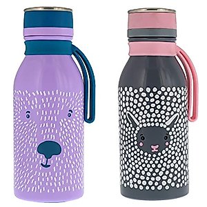 reduce Stainless Steel Hydro Pro Kids Water Bottle, 14oz - Vacuum Insulated Leak Proof Water Bottle for Kids - Great for On the Go and Lunchboxes - Furry Friends Design, Purple Bear and Grey Sheep