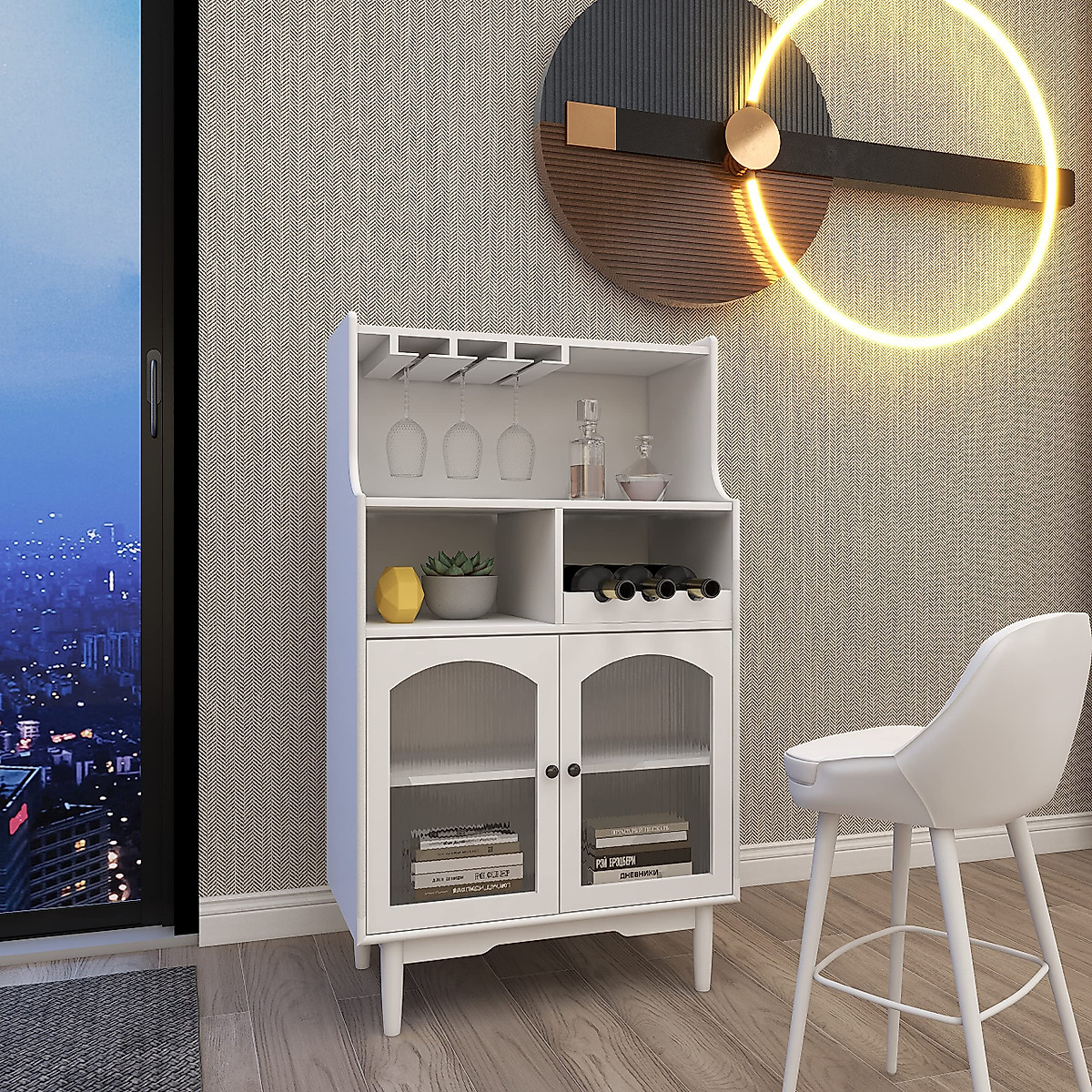 Loscear Liquor Bar Cabinet with Lower Glass Door and Removable Wine and Glass Rack, Liquor Cabinet Bar for Home with Solid Wood Legs