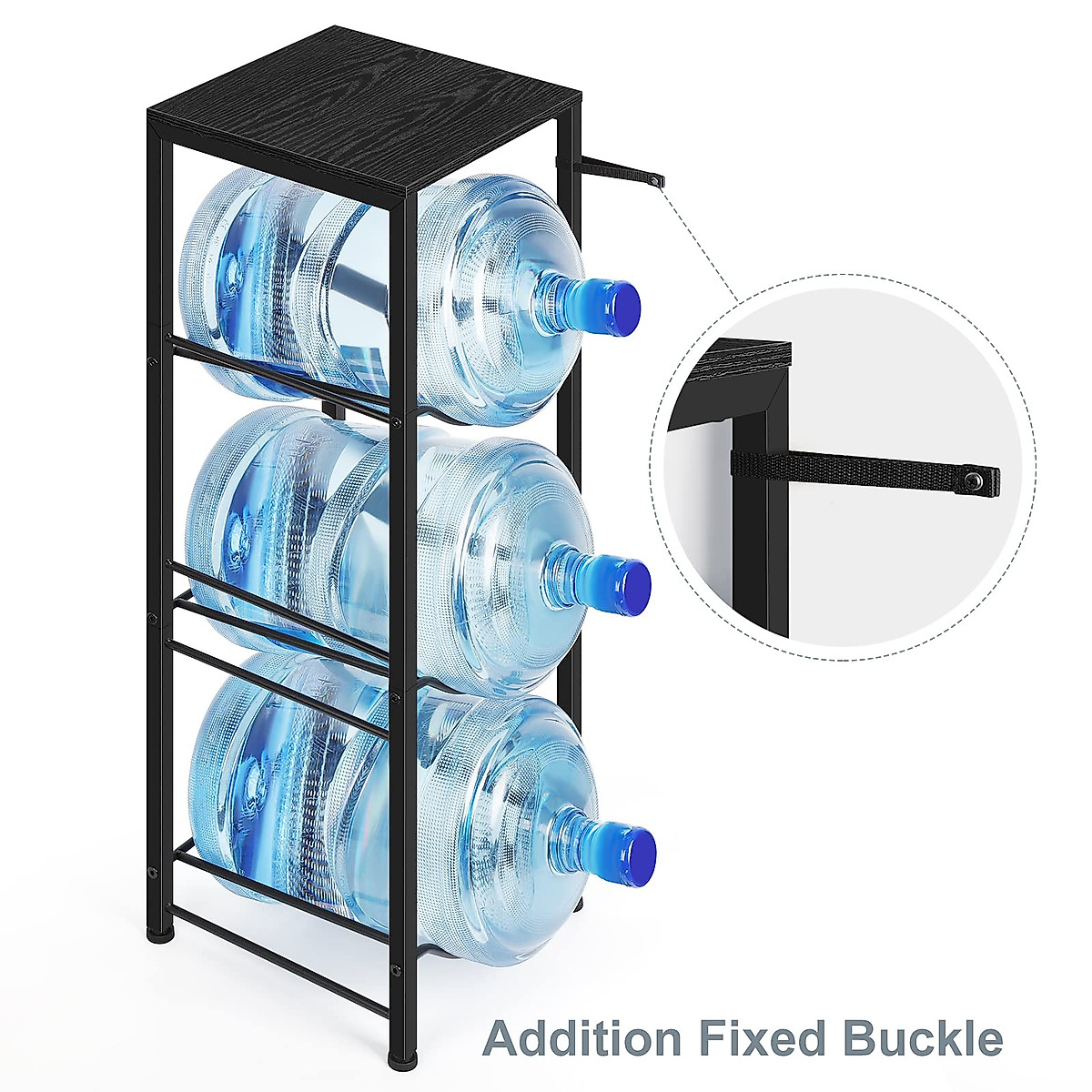 Water Bottle Holder Organizer 5 Gallon Water Jug Holder with Shelves, 3-Tier Water Bottle Dispenser Stand for Kitchen Living Room Office, Black