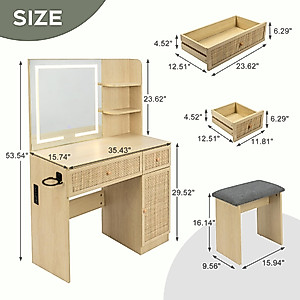 Yechen 35" Boho Makeup Vanity Table with LED Lighted Mirror & Power Strip, Wooden Dressing Table Set with Rattan Drawers, Storage Shelves and Cushioned Stool for Bedroom, Perfect for Girls Women Gift