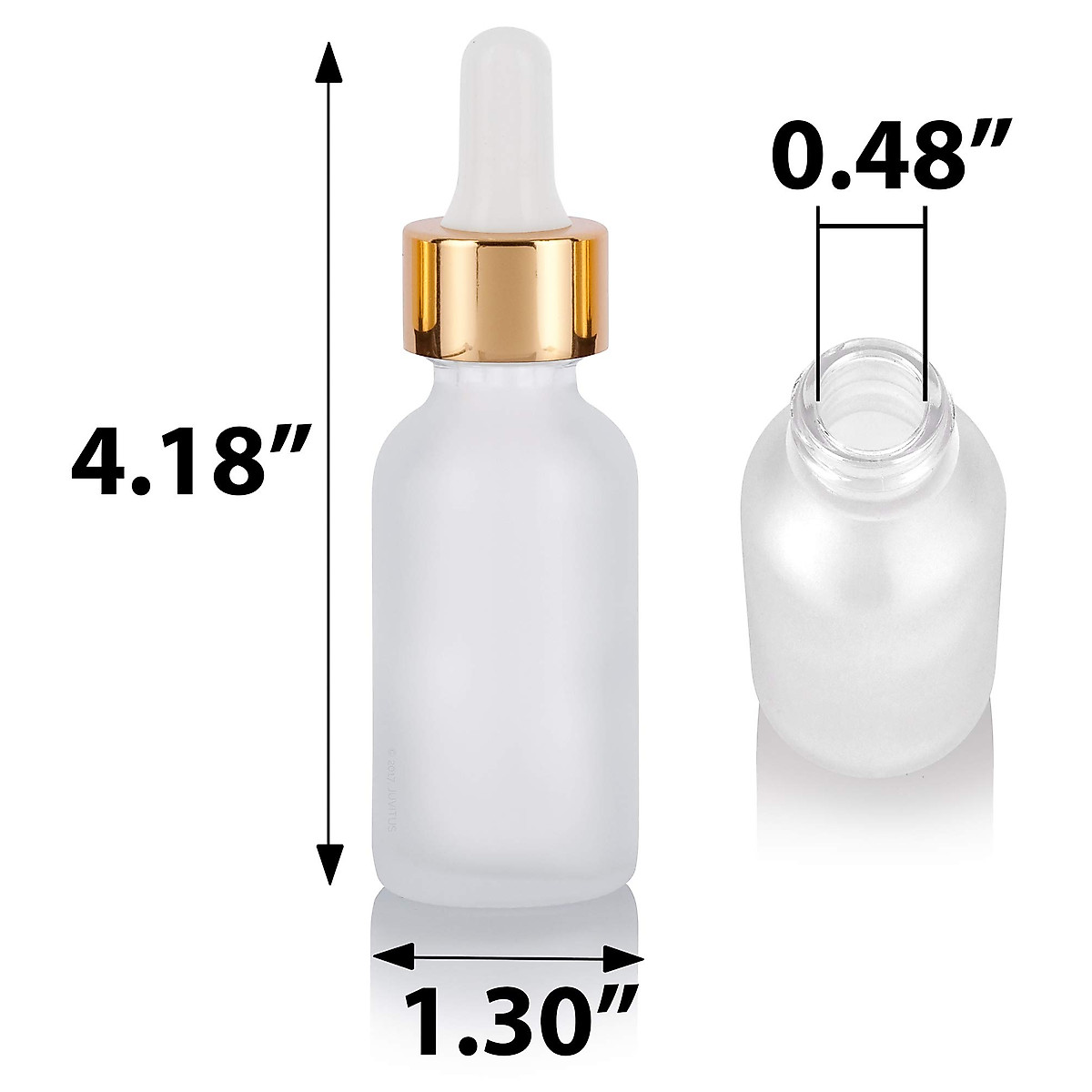 JUVITUS 1 oz Clear Frosted Glass Boston Round Bottle with Gold Metal Dropper (24 pack) + Funnel
