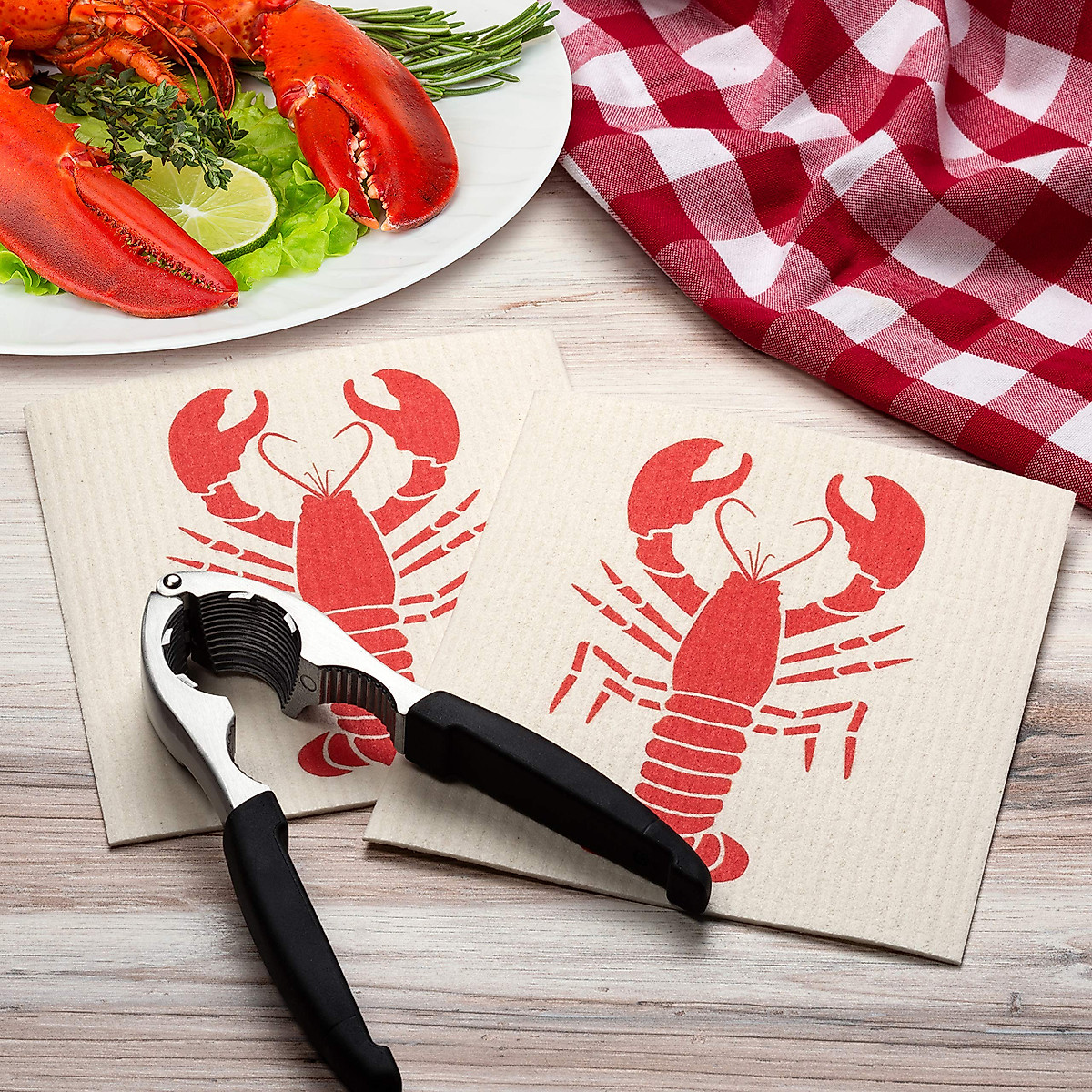 GMIcréatifs Swedish Dishcloths 2 Pack Red Lobster Print Reusable Sponges Kitchen Cleaning Cloth Dish Scrubber, Machine Washable, Each Cloth Measures 7.87”x6.88 inches.