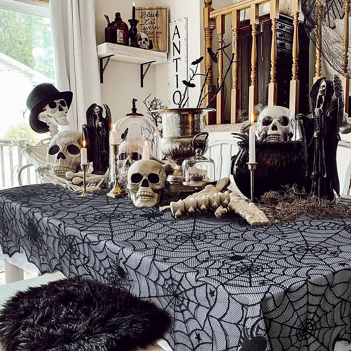 LuoluoHouse Black Lace Tablecloth 54x72 Inch Halloween Tablecloths Spider Cobweb Table Cover for Masquerade Dinner Party Scary Movie Nights Table Decorations