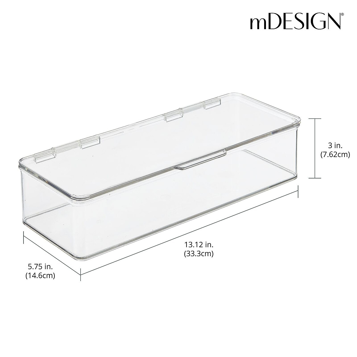 mDesign Long Plastic Kitchen Pantry/Fridge Storage Organizer Box Containers with Hinge Lid for Shelves or Cabinets, Holds Food, Snacks, Seasoning, Condiments, Flatware, Utensils, 2 Pack, Clear