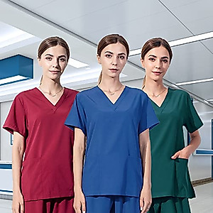 Scrubs Set for Women Joggers V-Neck Pocket Top Uniforms Athletic Stretch Set Workwear Drawstring Threaded Pant Legs