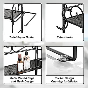 EKNITEY Flolding Over Toilet Storage - No Assembly Bathroom Organizer Shelf Above Toilet Storage Rack with Hooks and Paper Holder 2 Tier Black