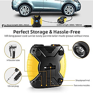 WindGallop Digital Car Tire Inflator Portable Air Compressor for Car Tire Pump Automatic 12v Electric Car Air Pump for Car Tires with Tire Pressure Gauge Valve Adaptors LED Light Yellow