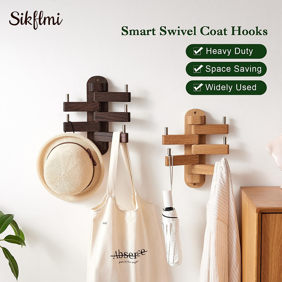 Swivel Coat Hooks for Wall, Oak Wood Coat Rack Wall Mounted Entryway Wall Shelf with 5 Hooks for Bedroom, Entryway, Living Room, Bathroom,Office, Classroom, Heavy Duty (Natural)